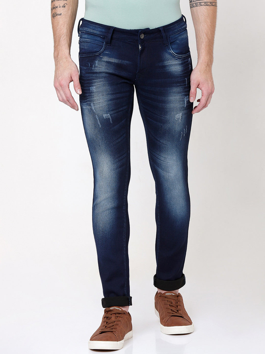 Buy Rex Straut Jeans Men Blue Comfort Slim Fit Low Distress Heavy Fade ...