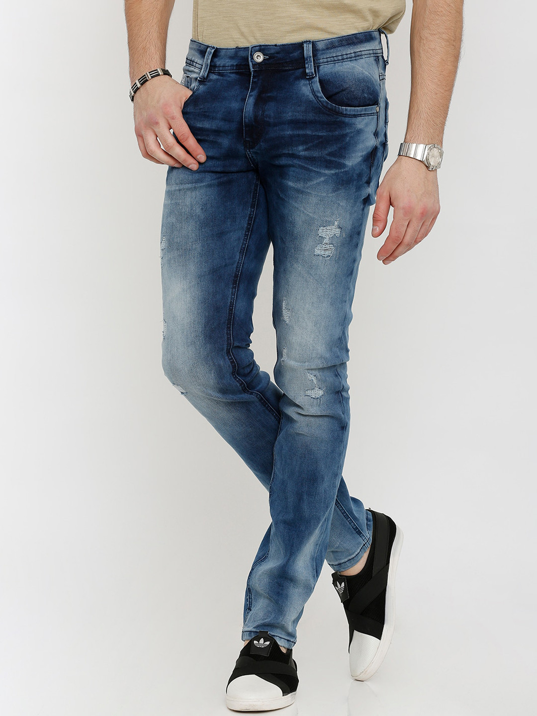 Buy Rex Straut Jeans Men Blue Comfort Slim Fit Mildly Distressed Heavy ...