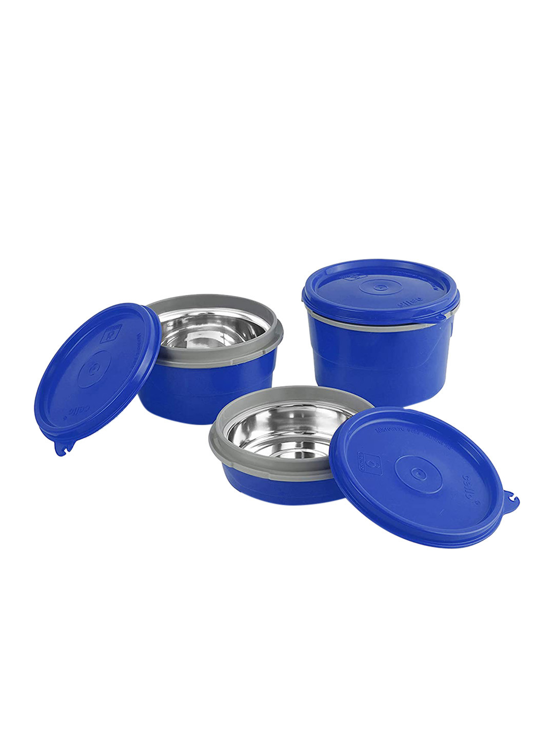 Buy Cello Hot Wave 3pc Blue Inner Steel Microwave Safe Lunch Box With ...