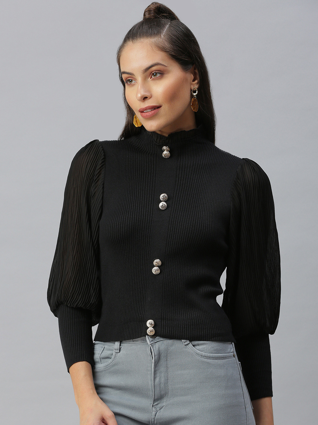 Buy SHOWOFF Women Black Solid High Neck Acrylic Fitted Top - Tops for ...