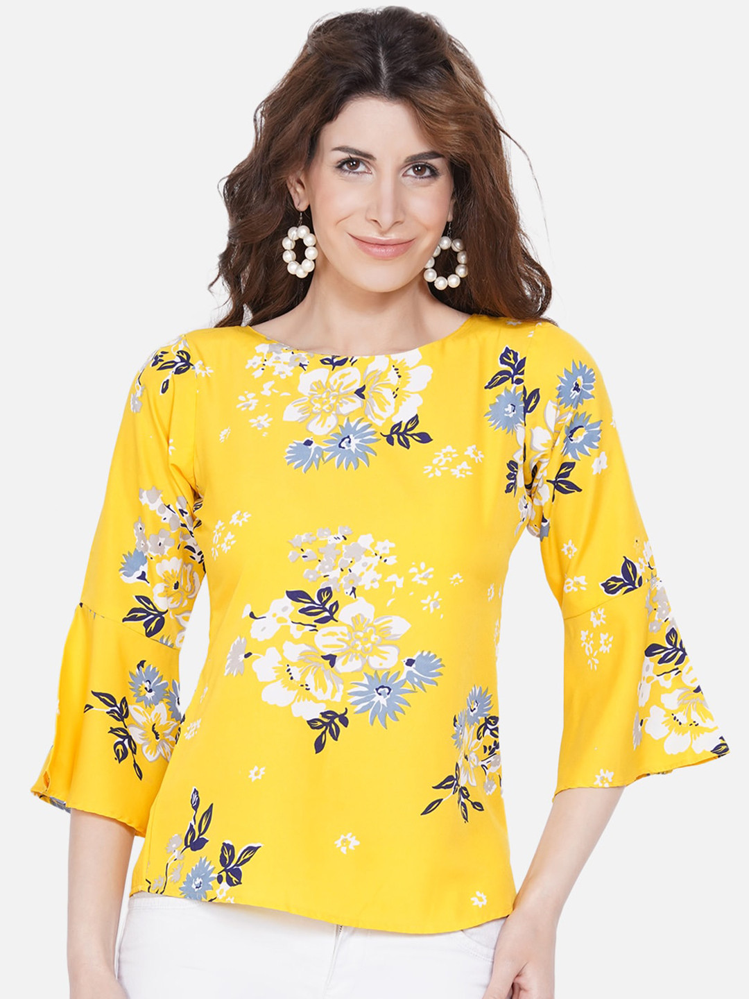 Buy Akshatani Yellow Floral Print Crepe Top - Tops for Women 18309776 ...