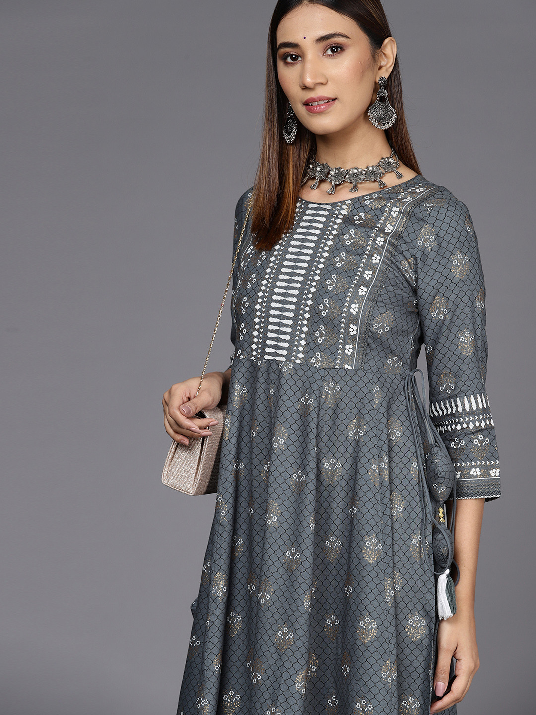 Buy Libas Grey & White Printed Ethnic A Line Midi Dress - Ethnic ...