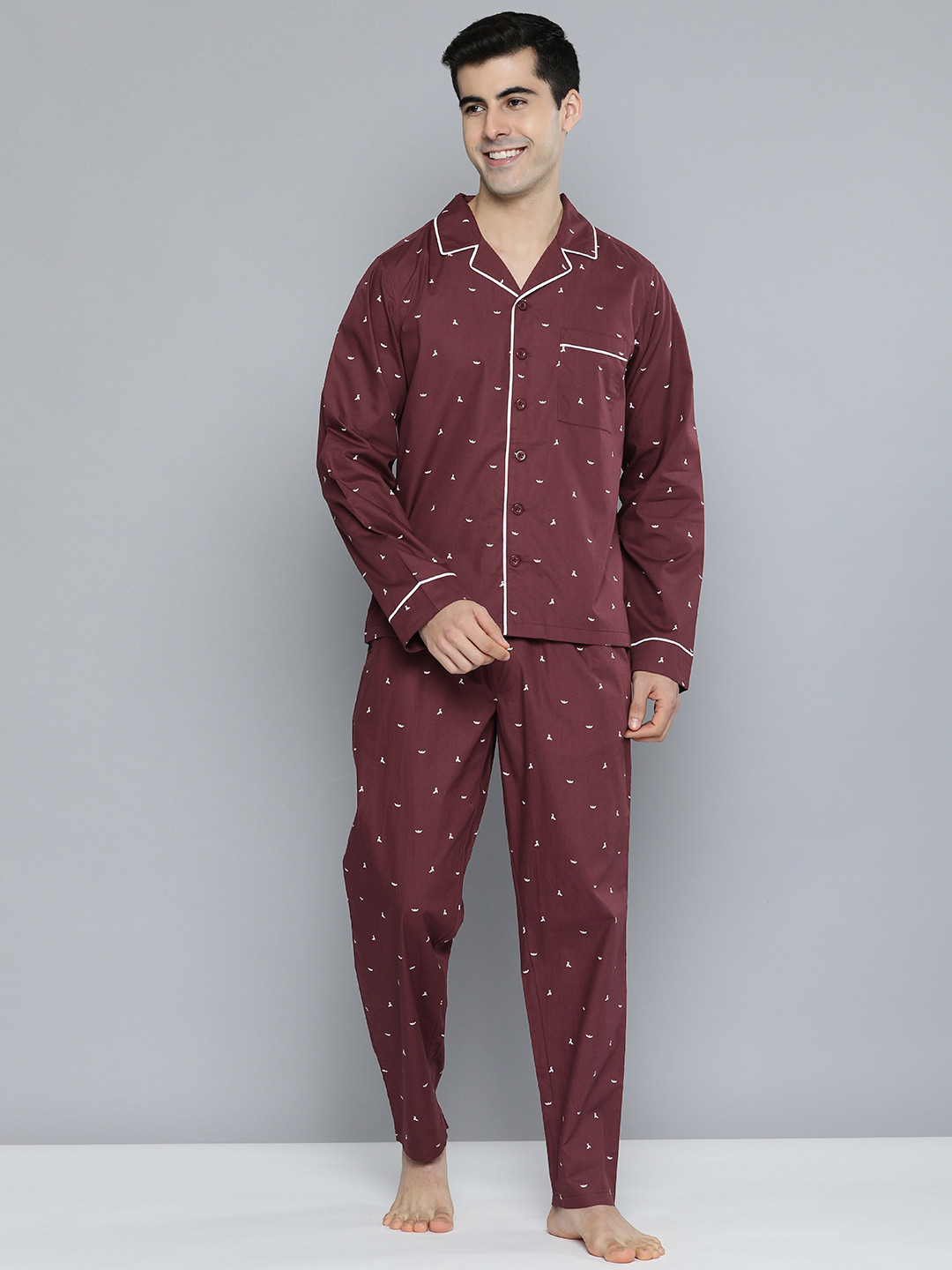 Buy Mast & Harbour Men Maroon & White Printed Pure Cotton Night Suit ...