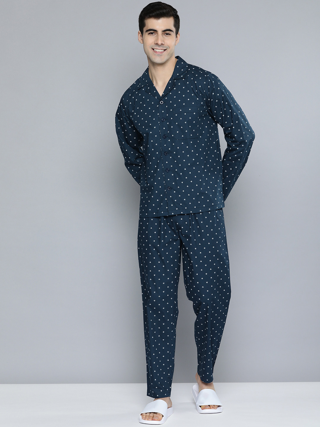 Buy Mast & Harbour Men Navy Blue & White Printed Pure Cotton Night Suit ...