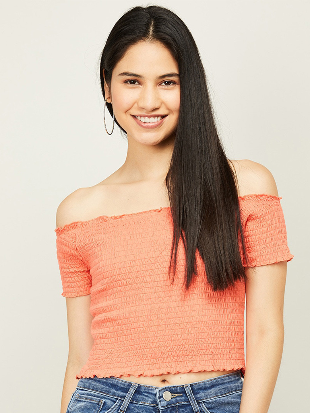 Buy Ginger By Lifestyle Orange Off Shoulder Bardot Crop Top - Tops for ...