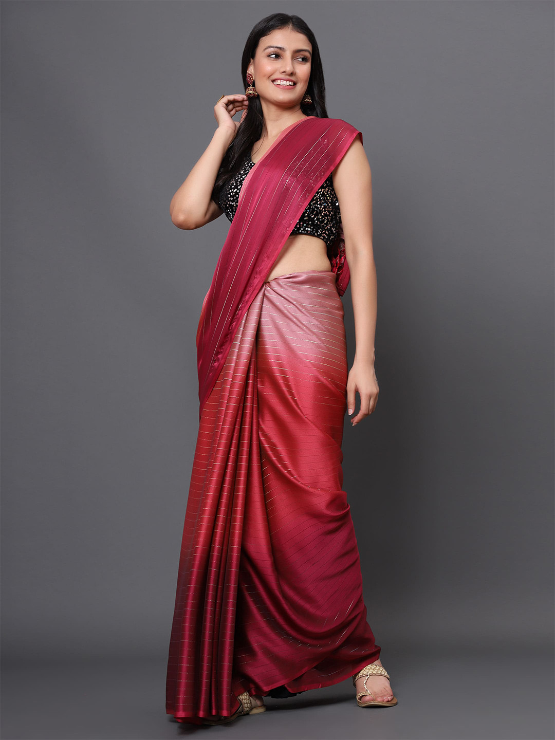 Buy Havida Sarees Pink & Red Striped Pure Chiffon Saree - Sarees for ...