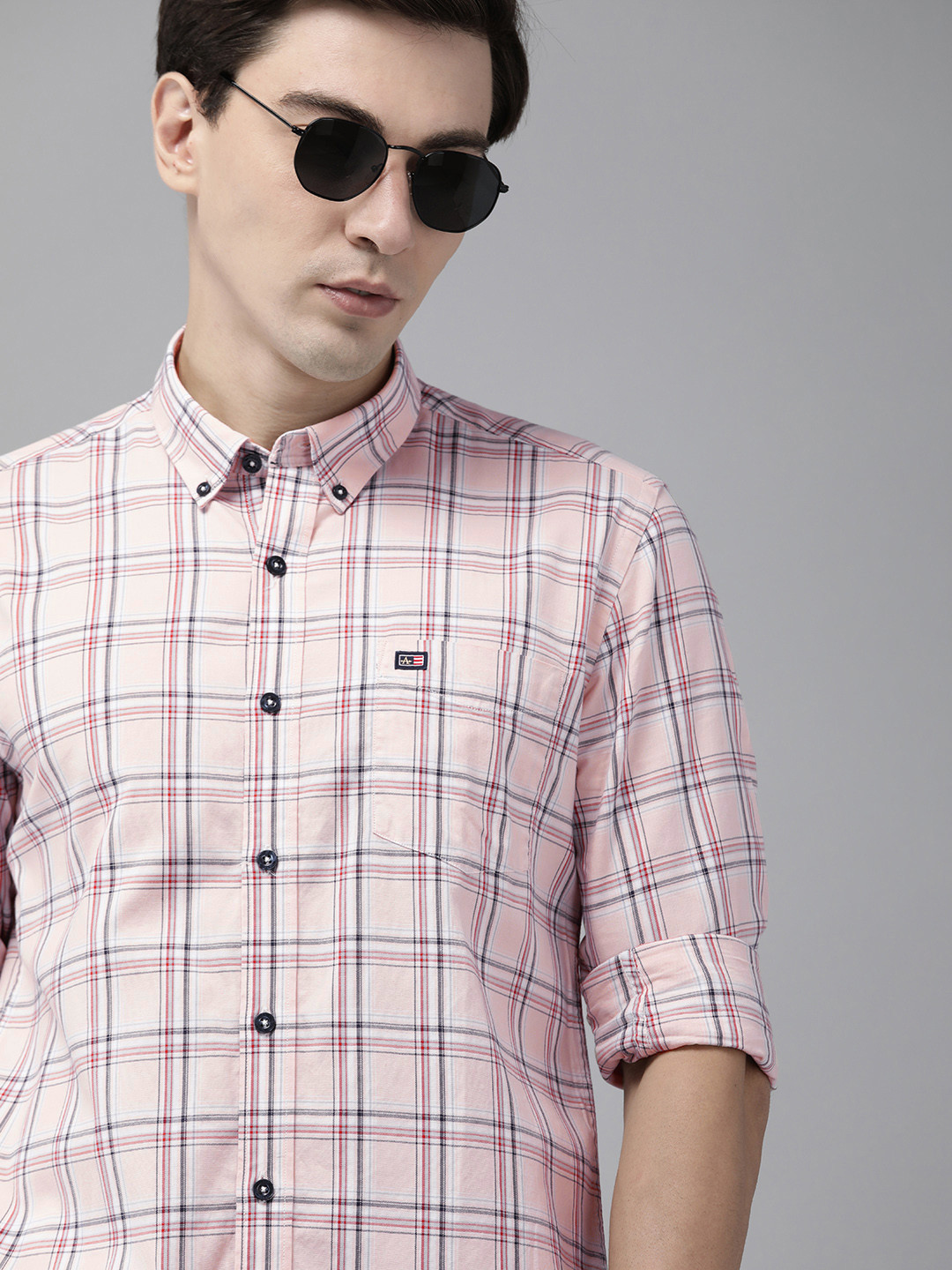 Buy Arrow Sport Men Peach Coloured Tartan Checks Original Slim Fit Pure ...