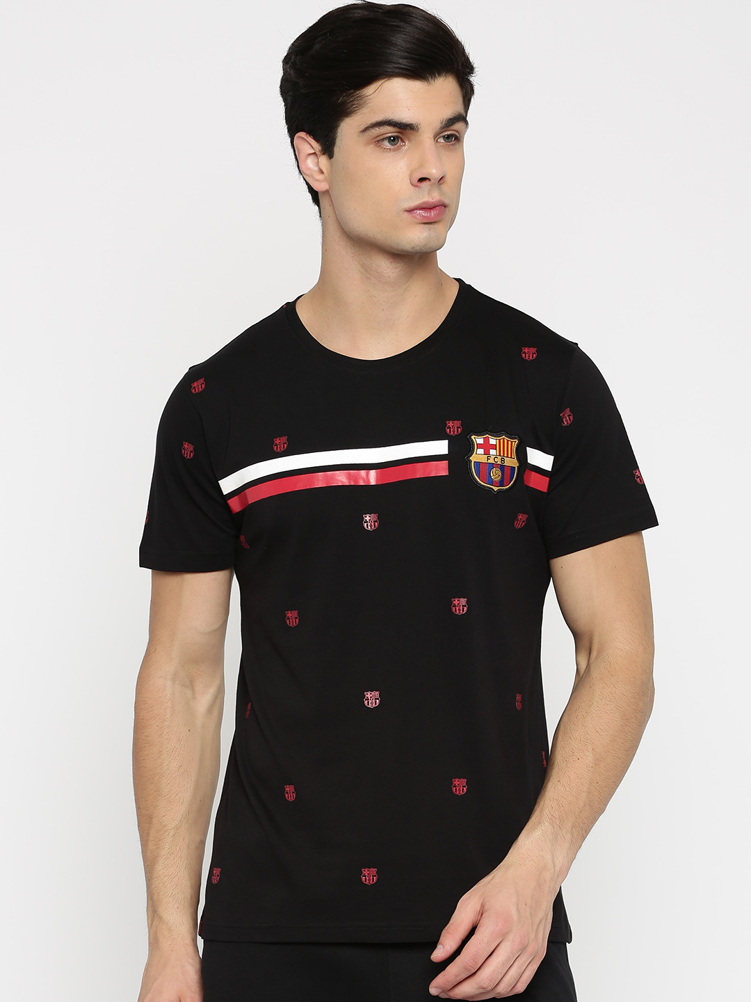 Buy FC Barcelona Men Black Printed Round Neck Pure Cotton T Shirt ...