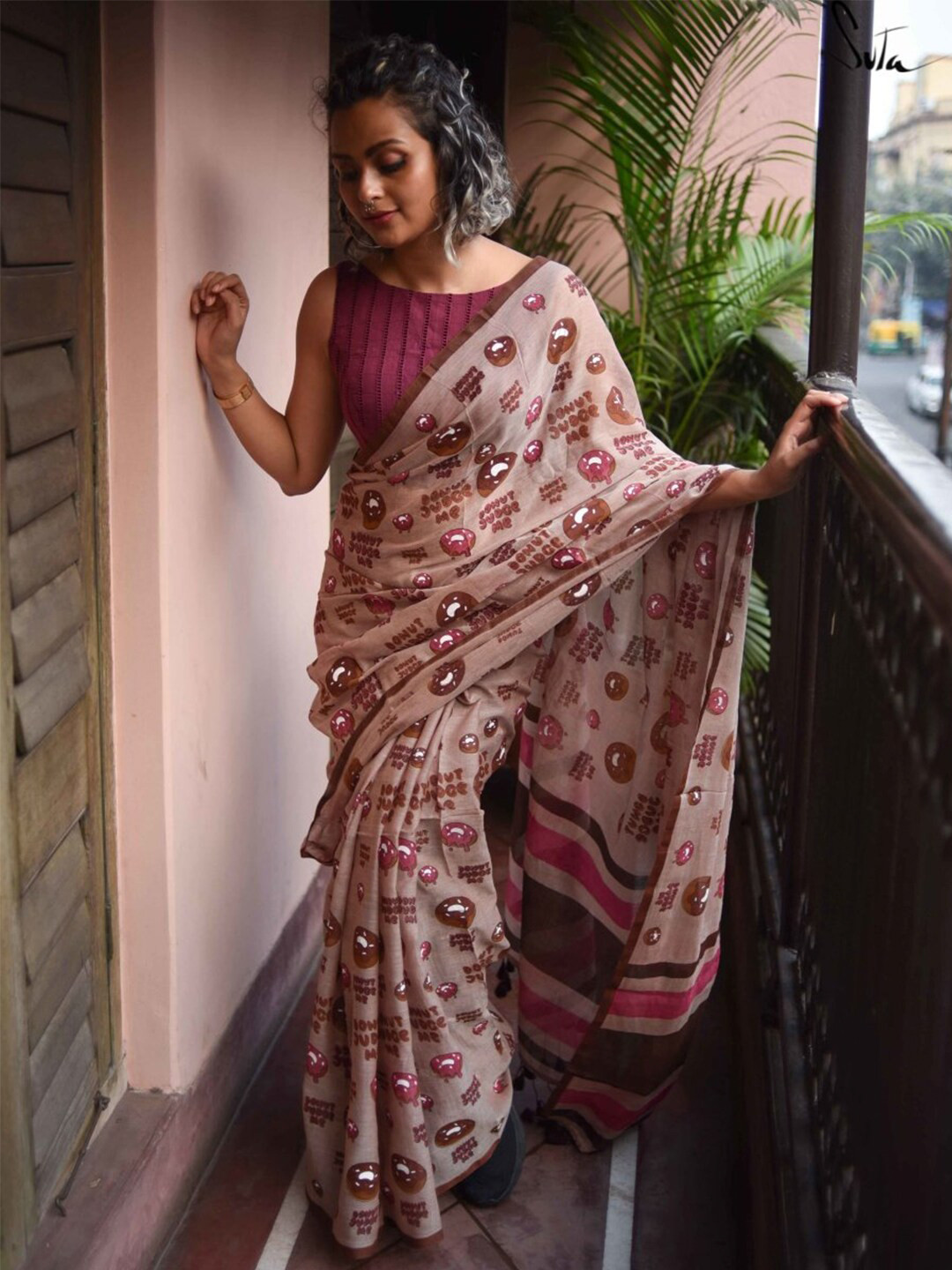 Buy Suta Brown & Pink Pure Cotton Saree With Fall - Sarees for Women ...