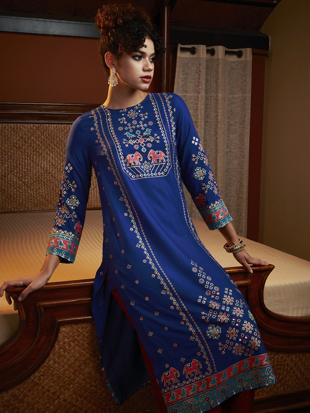 Buy Anouk Women Blue And Gold Toned Ethnic Motifs Printed Kurta Kurtas