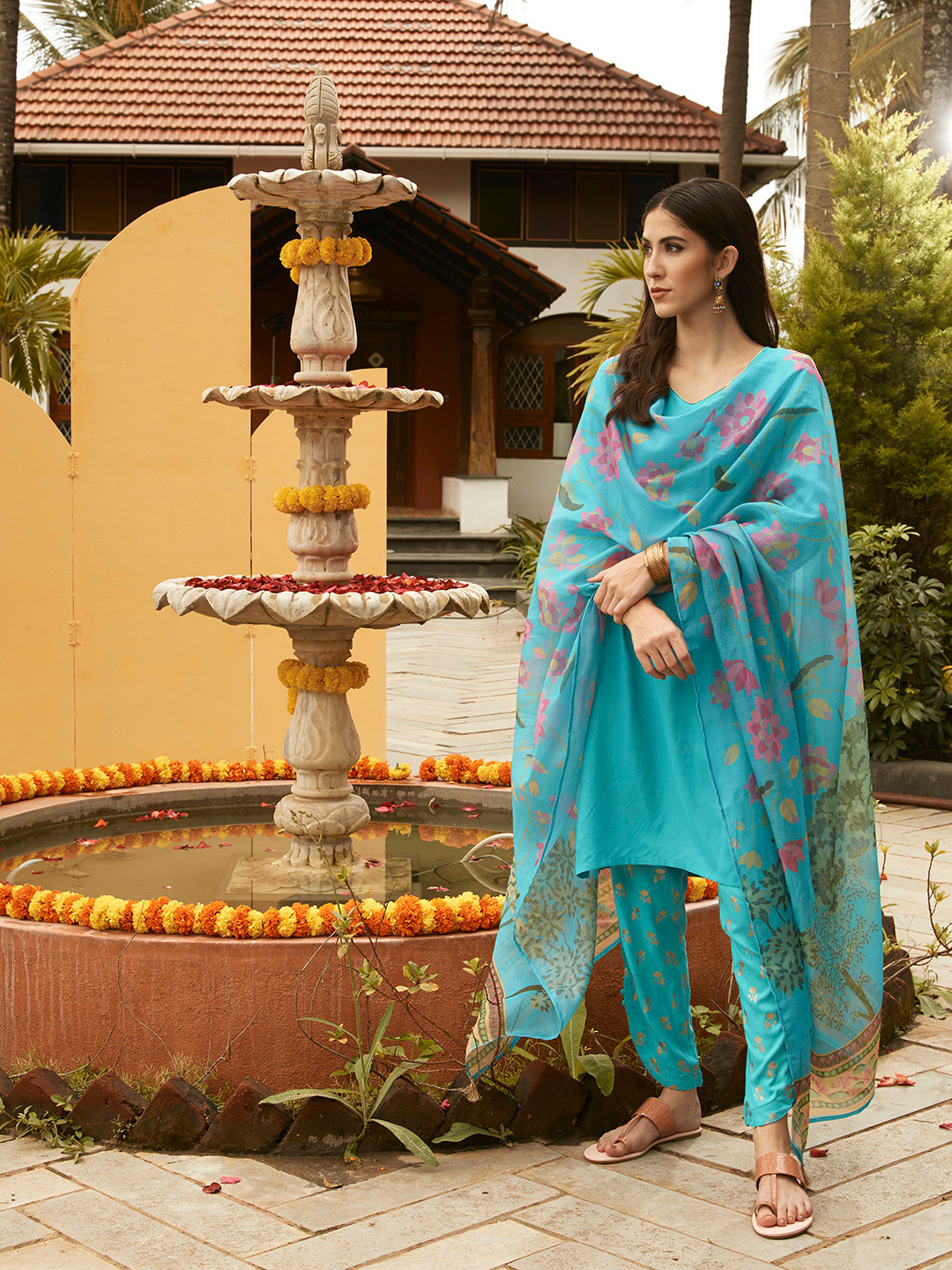 Buy Anouk Women Blue & Gold Toned Solid Regular Viscose Rayon Kurta ...