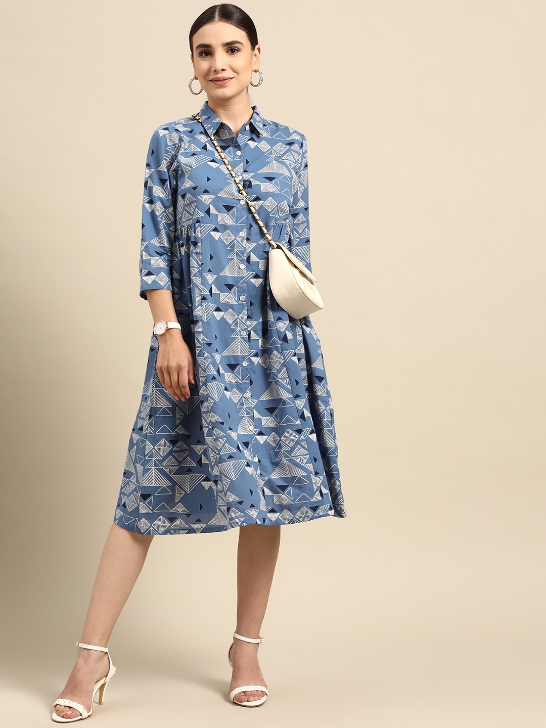 Buy Anouk Blue And White Pure Cotton Geometric Printed Shirt Style Midi