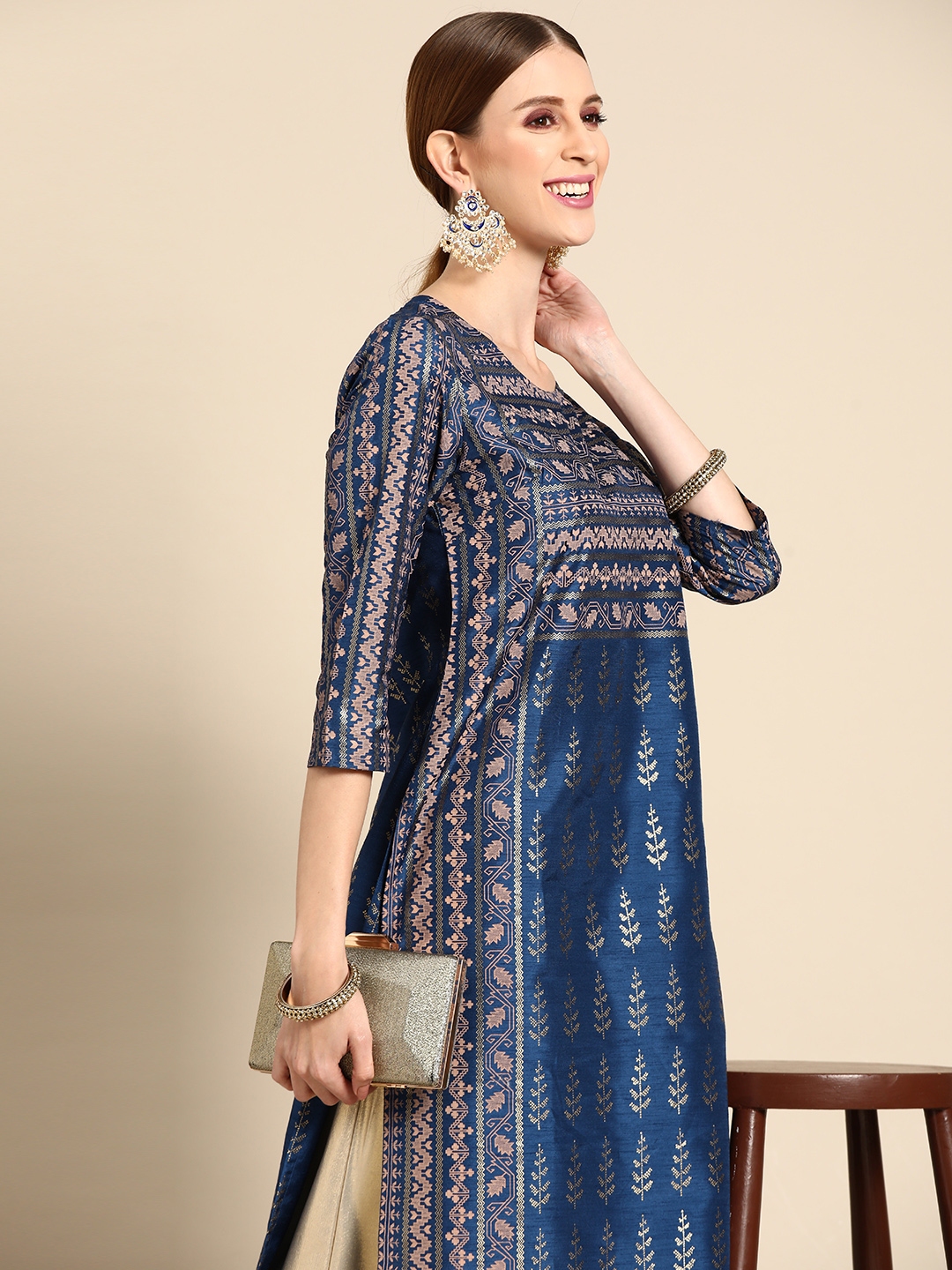 Buy Anouk Women Navy Blue And Golden Ethnic Motifs Print Kurta Kurtas