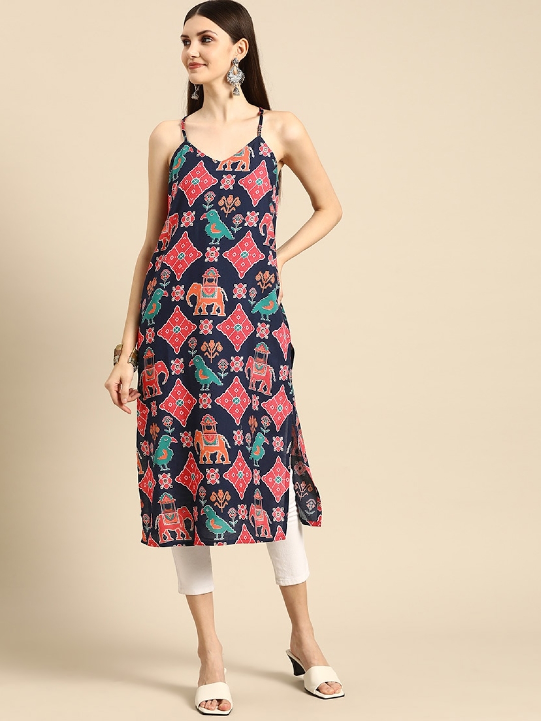 Buy Anouk Women Navy Blue And Red Ethnic Motifs Print Straight Kurta