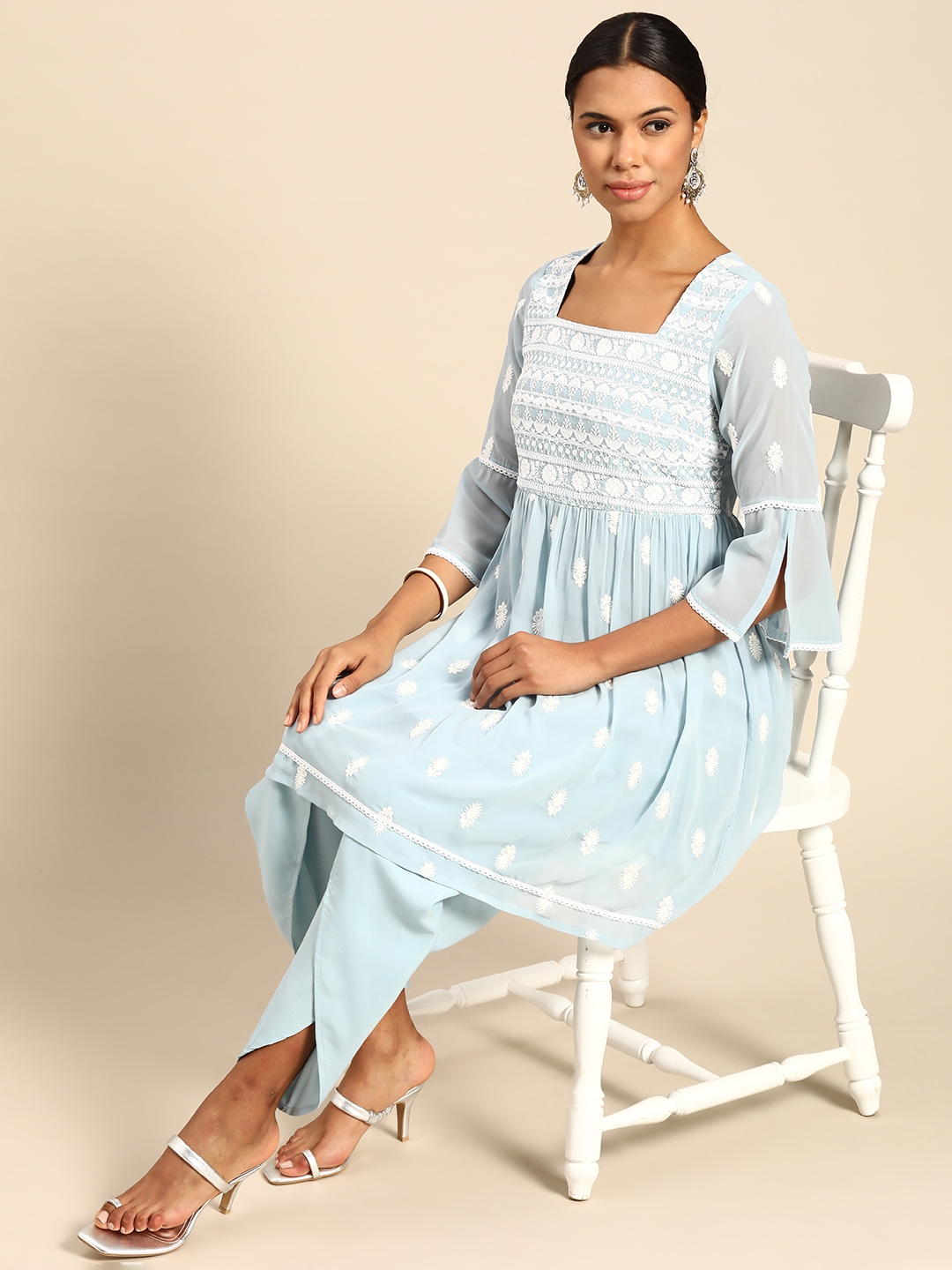 Buy Anouk Women Blue Ethnic Motifs Embroidered Pleated Kurta With Dhoti