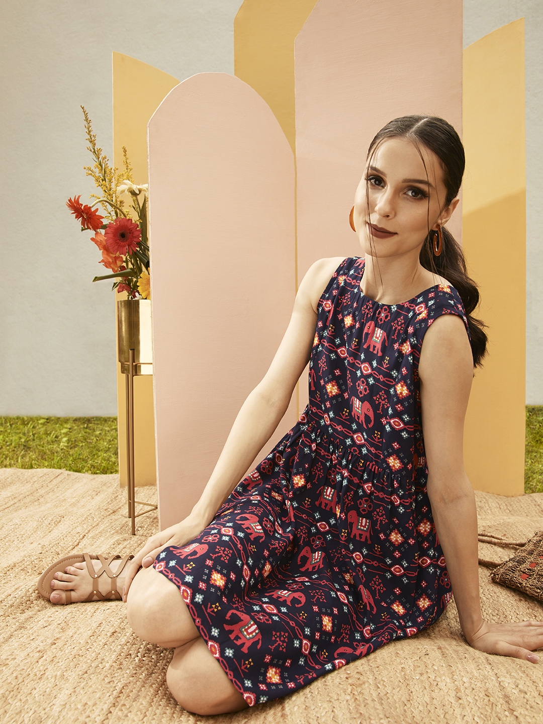 Buy Anouk Navy Blue And Pink Ethnic Motifs Print A Line Dress Dresses
