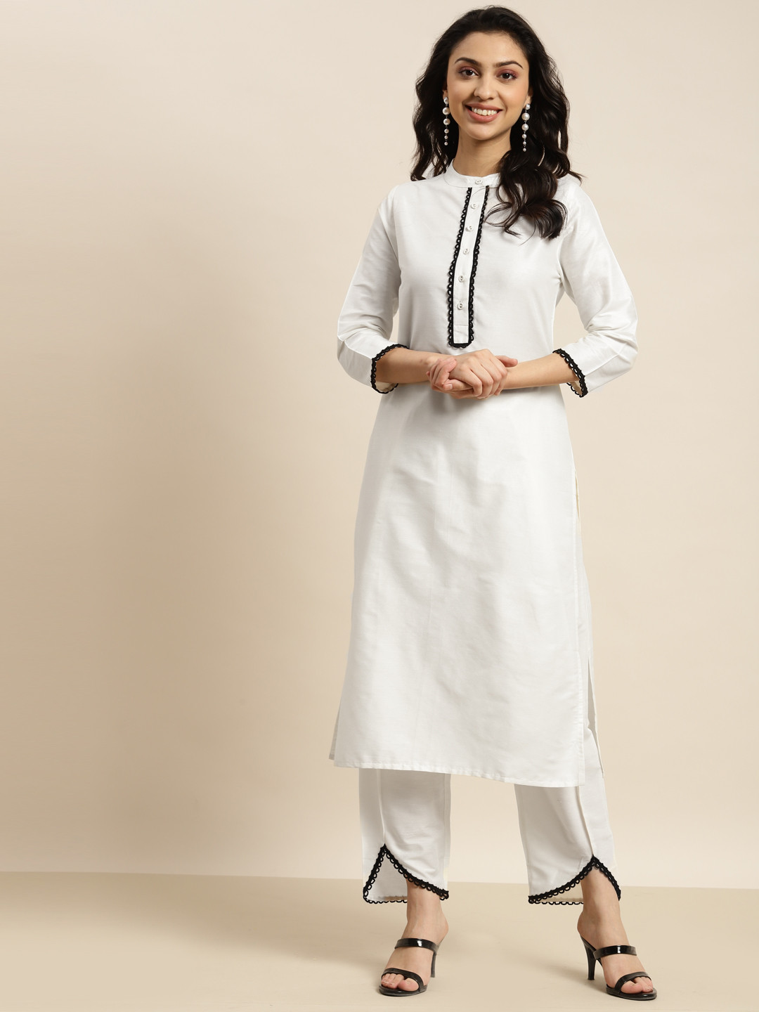 Buy Shae By SASSAFRAS Women Off White Solid Lace Detail Kurta - Kurtas ...
