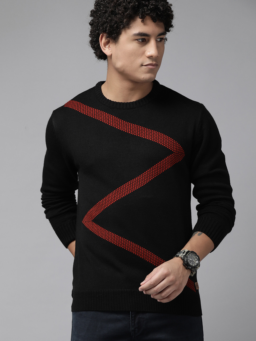 Buy The Roadster Lifestyle Co. Men Black & Red Round Neck Knitted ...