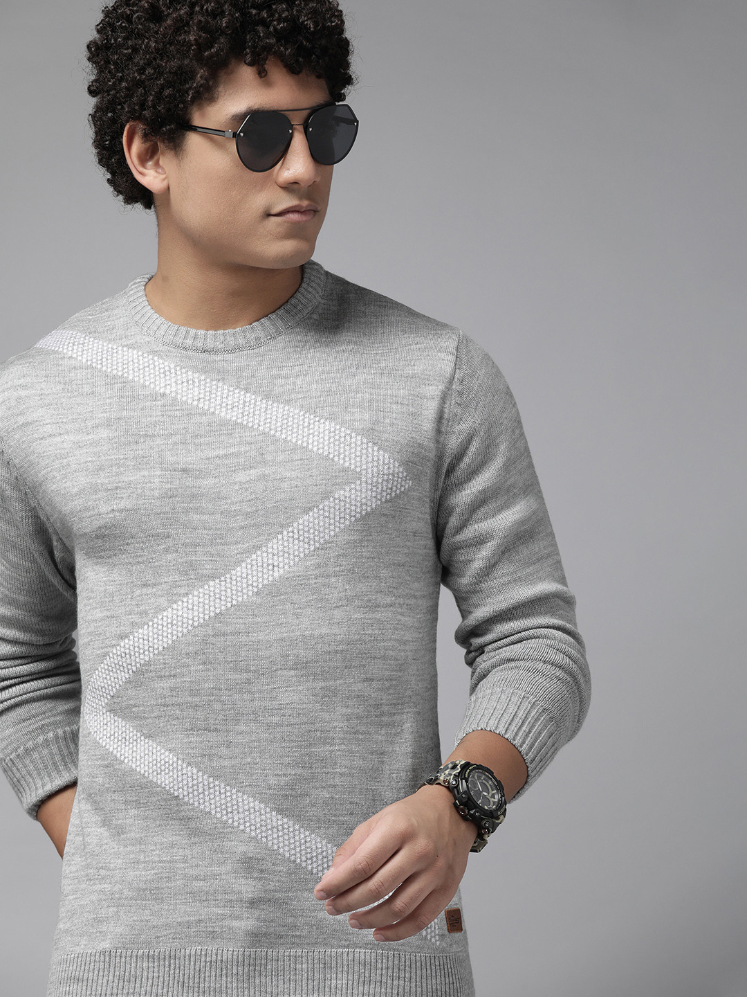 Buy The Roadster Lifestyle Co. Men Grey Round Neck Knitted Pullover ...
