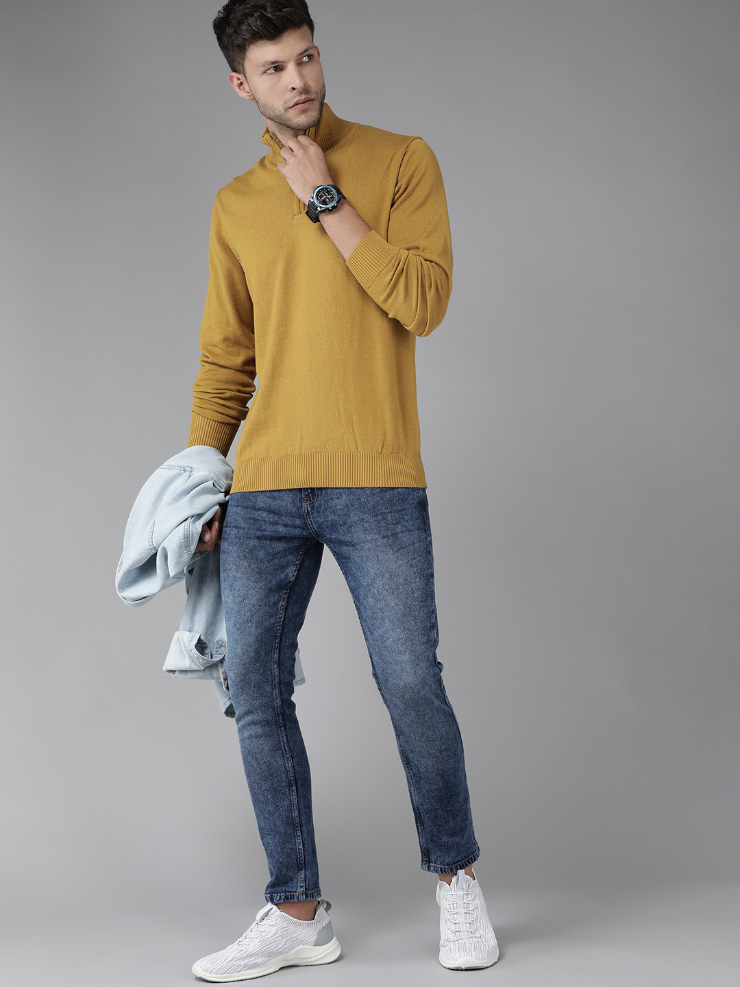 Buy Roadster Men Mustard Yellow Solid Pullover - Sweaters for Men ...