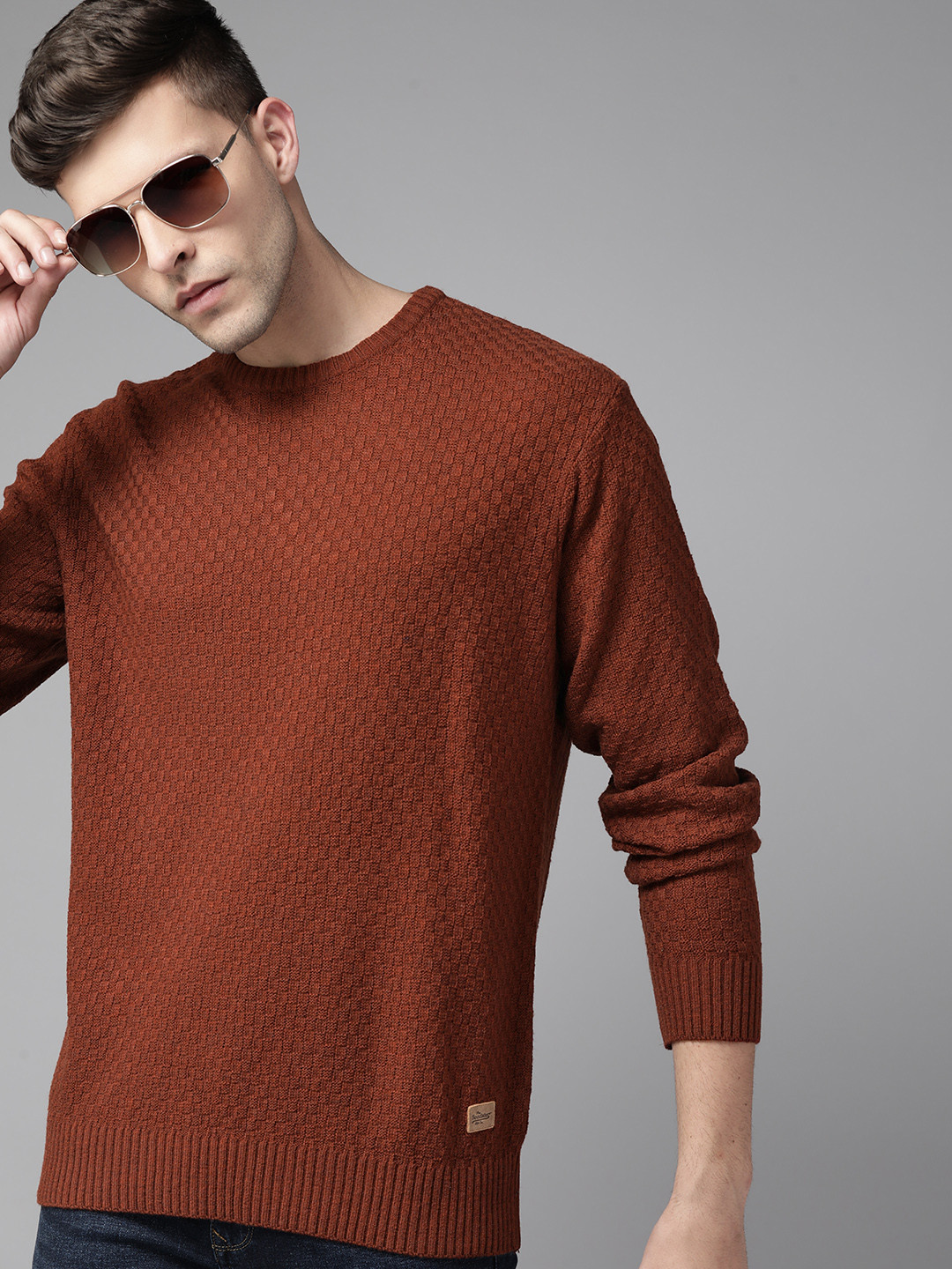 Buy Roadster Men Rust Brown Self Checked Pullover - Sweaters for Men ...