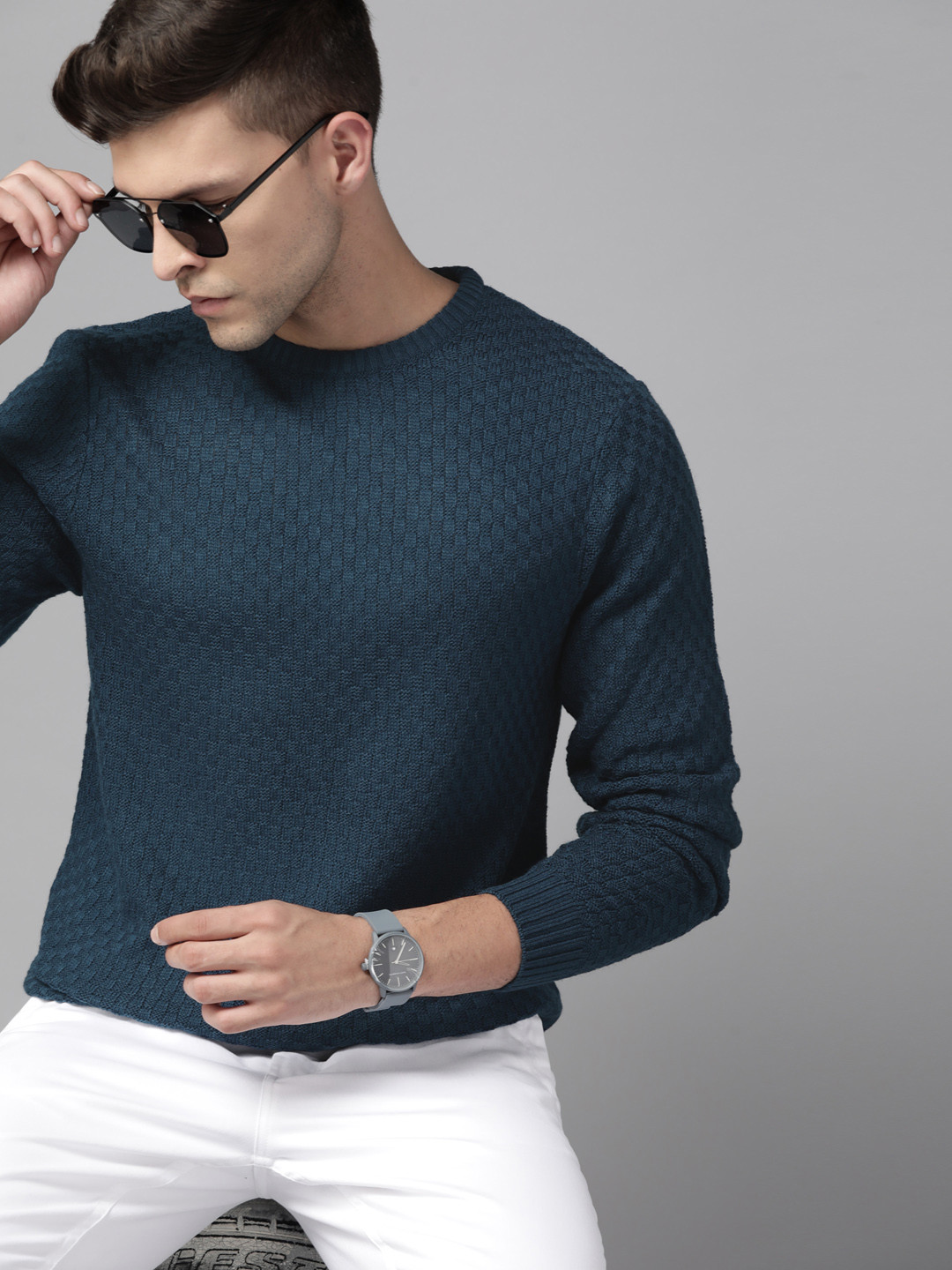 Buy The Roadster Lifestyle Co. Men Teal Blue Self Checked Pullover ...