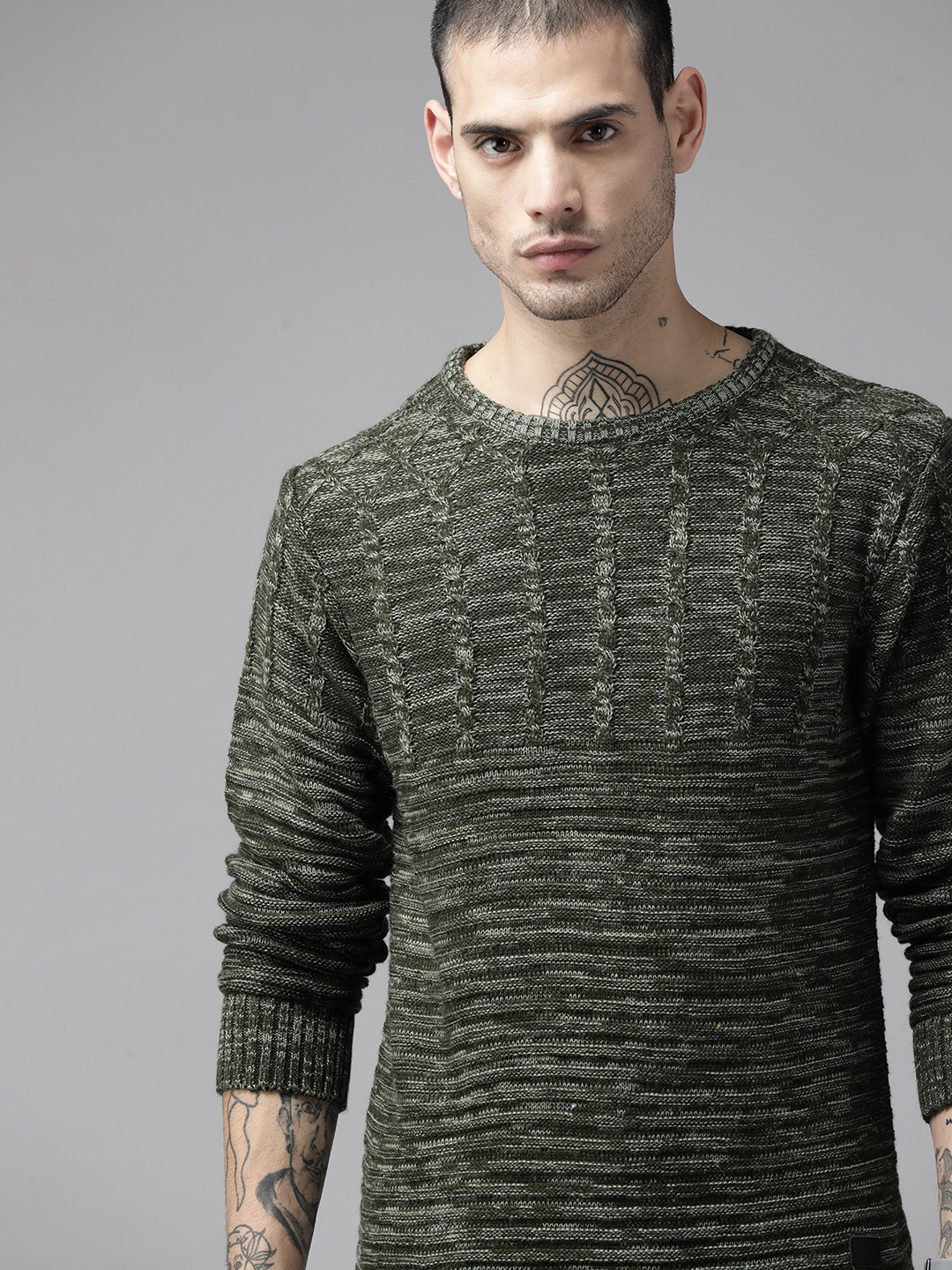 Buy The Roadster Lifestyle Co. Men Olive Green Cable Knit Acrylic ...