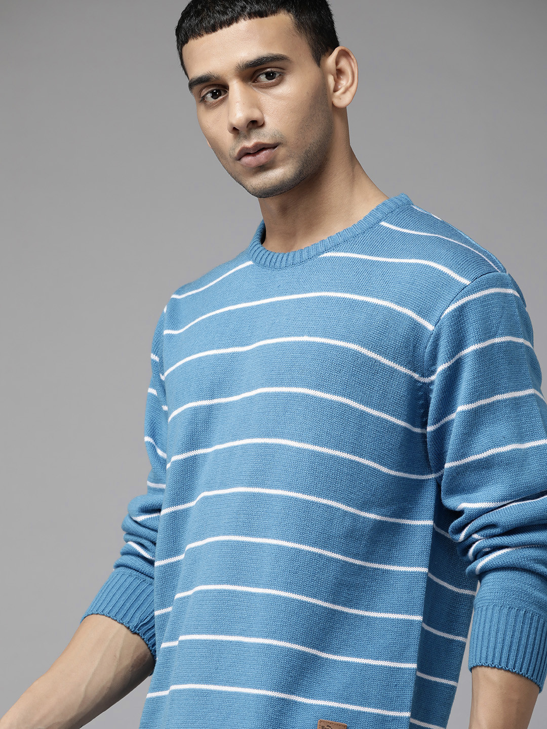 Buy Roadster Men Blue & White Acrylic Striped Pullover - Sweaters for ...