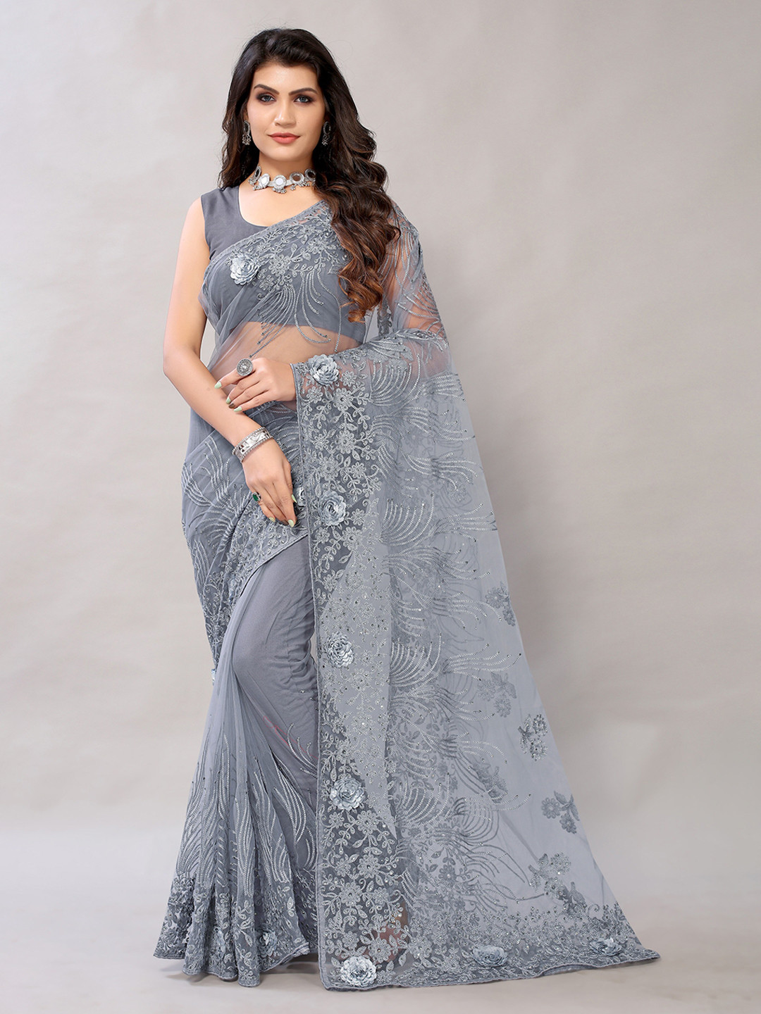 Buy Sangria Grey Embellished Embroidered Net Heavy Work Saree - Sarees ...