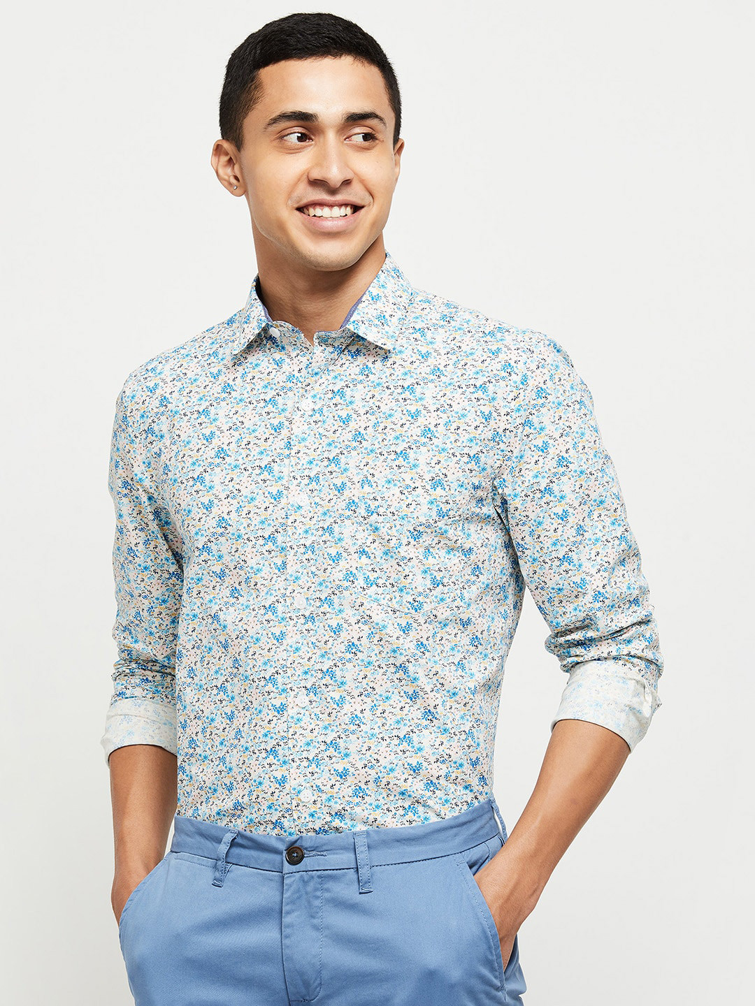 Buy Max Men White And Blue Micro Ditsy Printed Regular Fit 100% COTTON ...