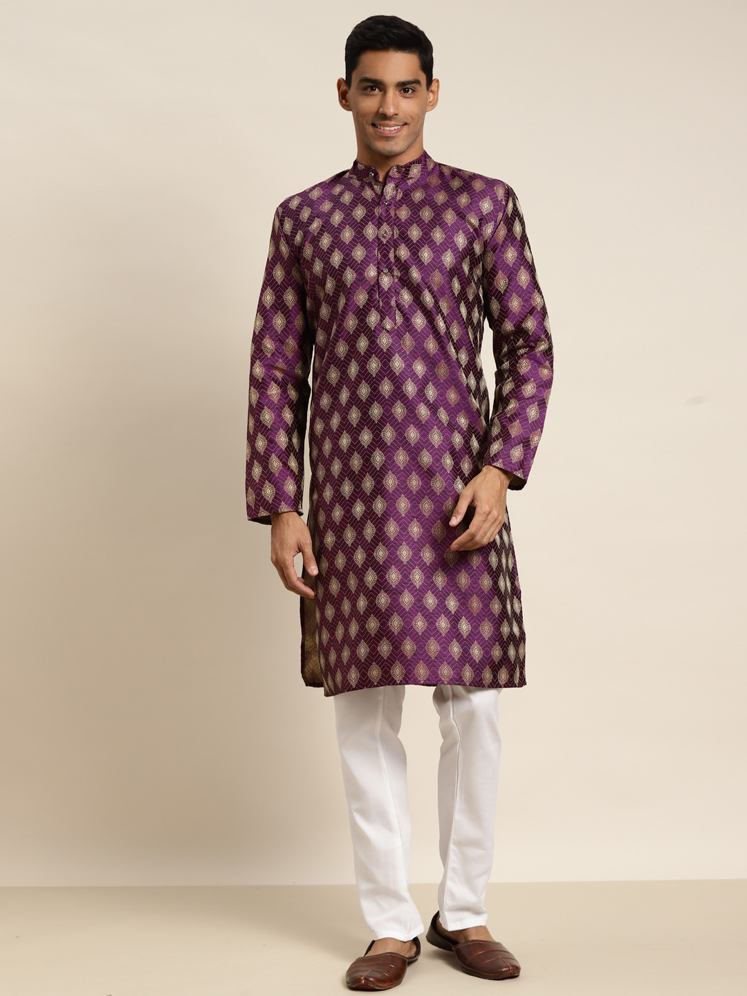 Buy SOJANYA Men Purple & Gold Toned Ethnic Motifs Jacquard Kurta ...