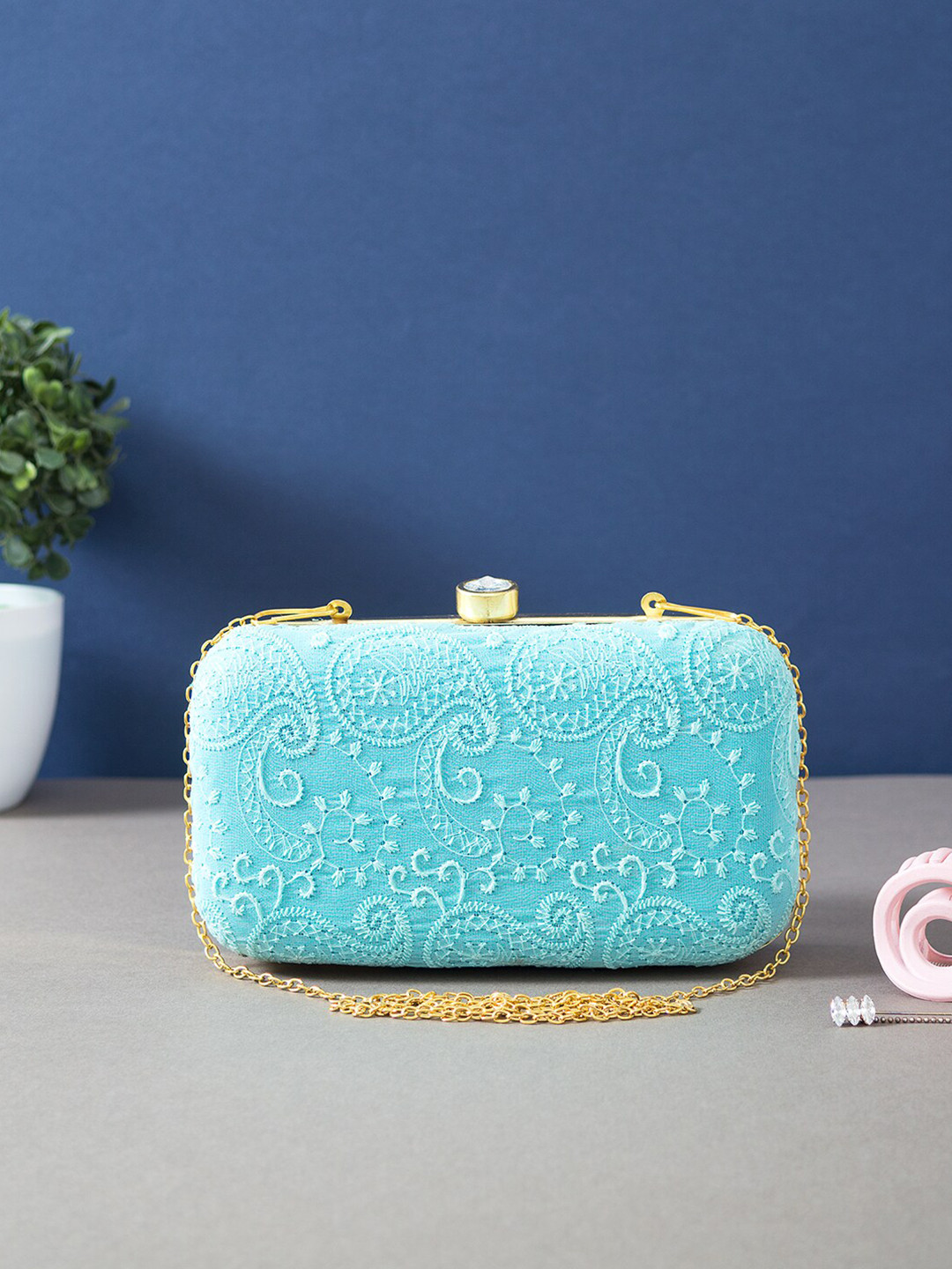 Buy Golden Peacock Turquoise Blue Embroidered Box Clutch - Clutches for ...