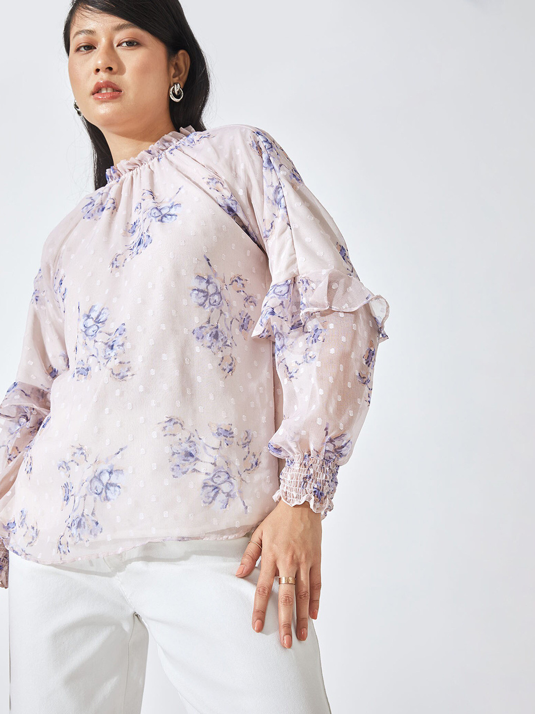 Buy The Label Life Purple Floral Print Ruffled Sleeve Georgette Top ...
