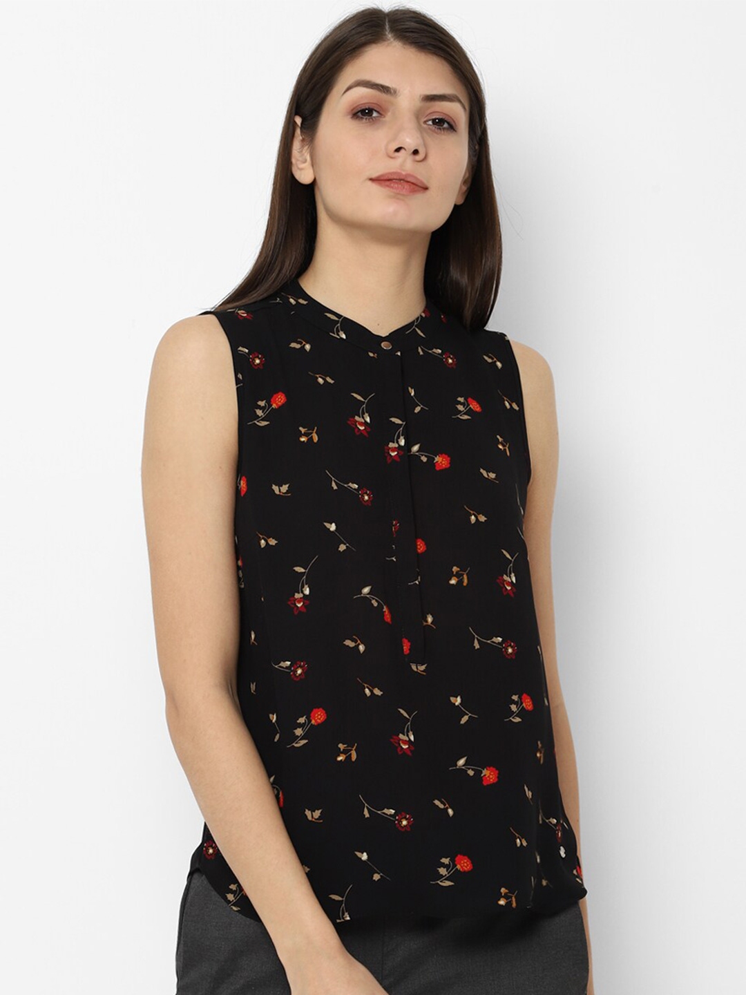 Buy Allen Solly Woman Black Floral Print Mandarin Collar Shirt Style