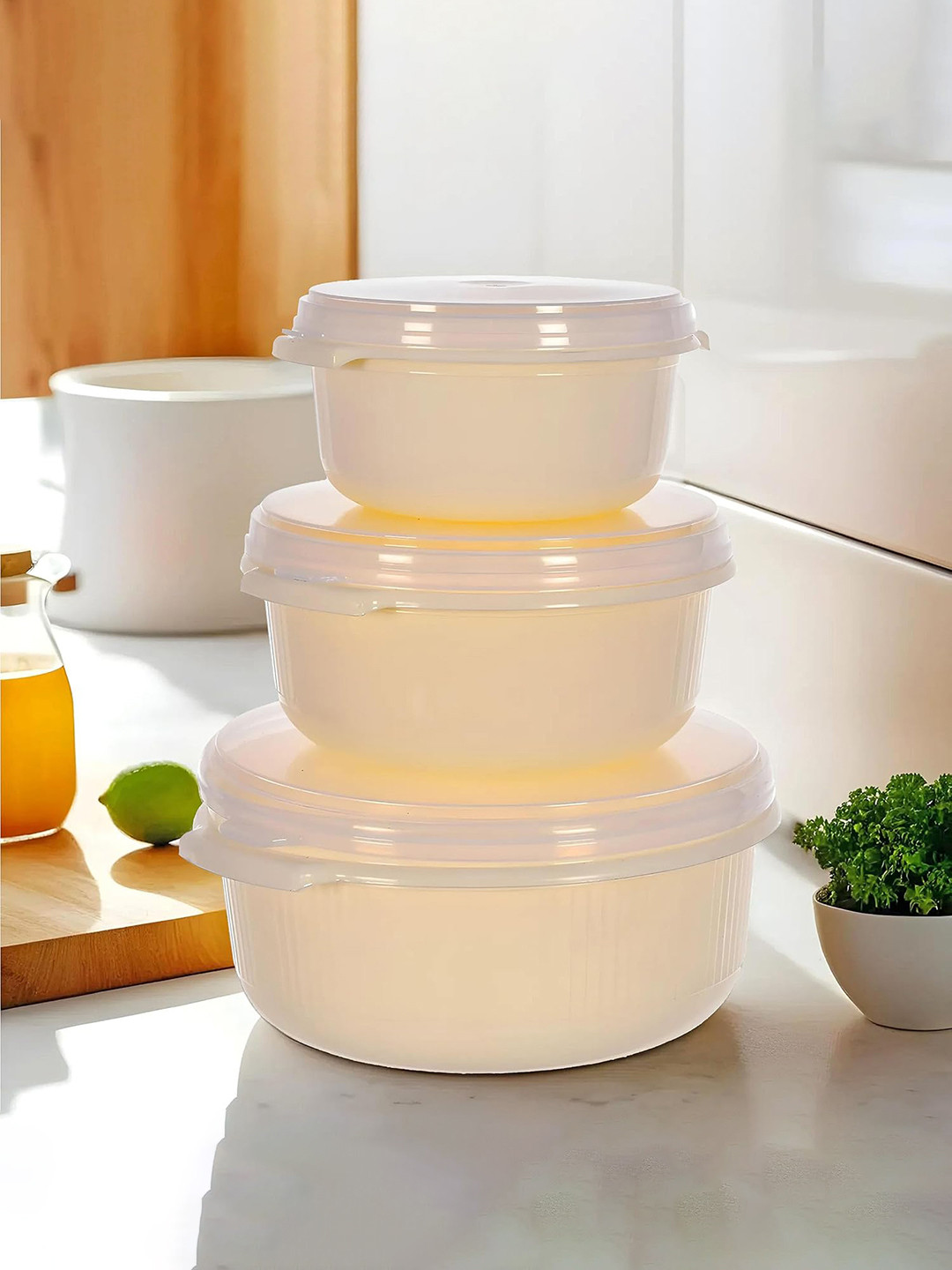 Buy Kuber Industries Set Of 3 Cream Storage Containers With Lid ...