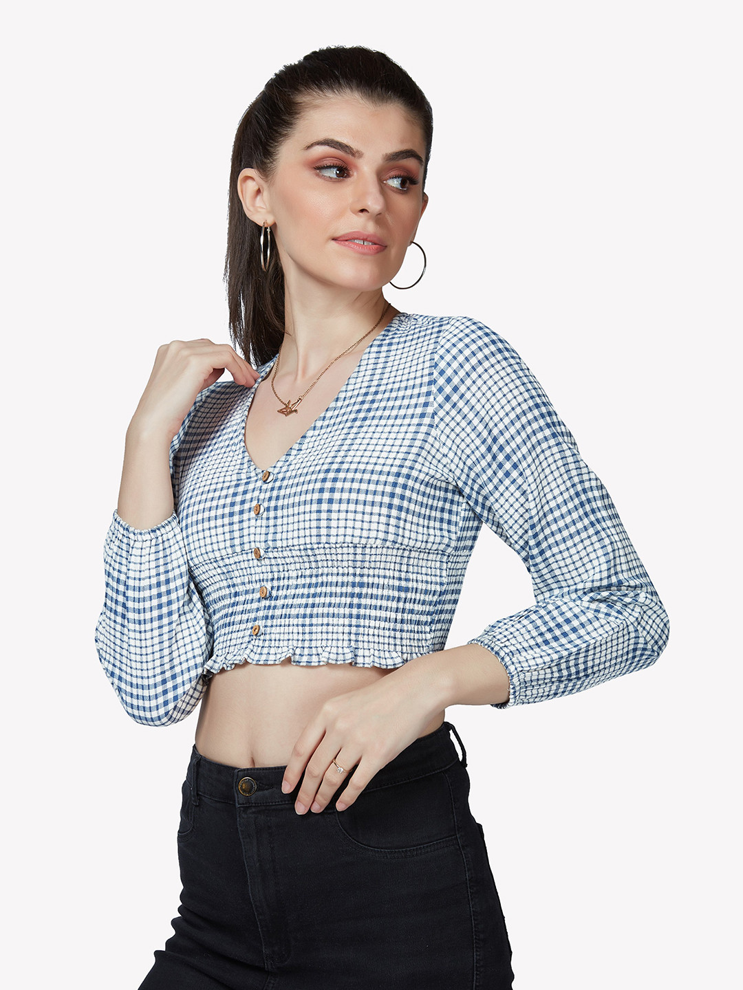 Buy VASTRADO Women Blue Checked Smocked Pure Cotton Crop Top - Tops for ...