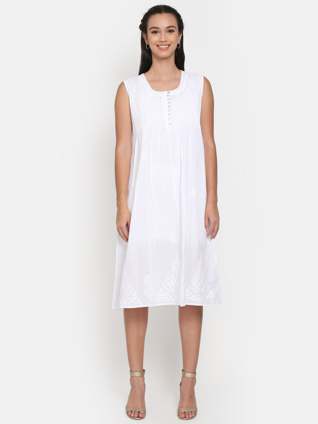 Buy PARAMOUNT CHIKAN White Embroidered Chikankari Cotton A Line Dress ...