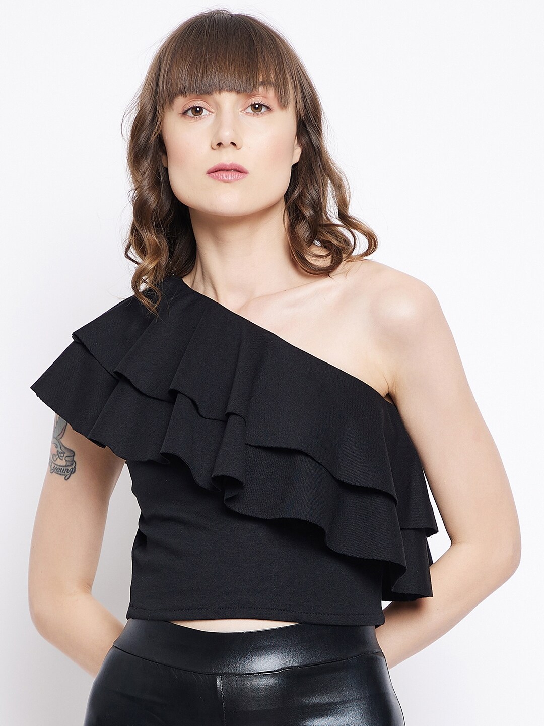 Buy June And Harry Black One Shoulder Ruffles Crop Top Tops For Women