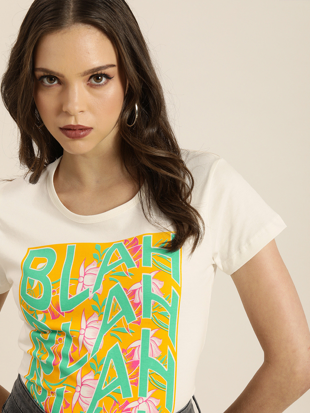 Buy Moda Rapido Women White & Green Typography Printed Pure Cotton T ...