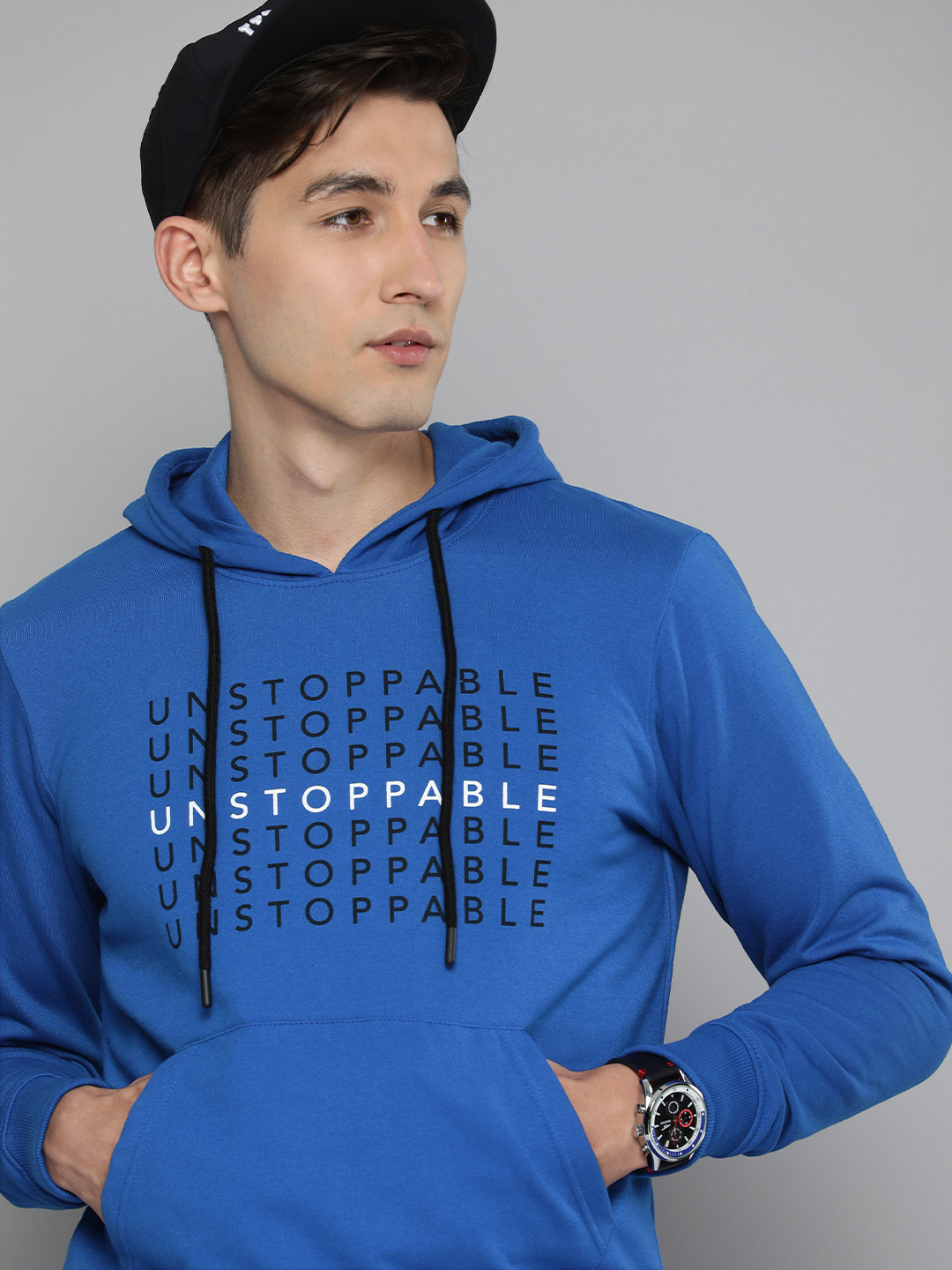 Buy HERE&NOW Men Blue Typography Printed Hooded Pullover Sweatshirt ...