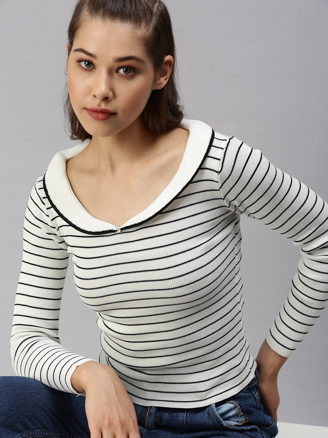Buy SHOWOFF White Striped Monochrome Top - Tops for Women 18365936 | Myntra