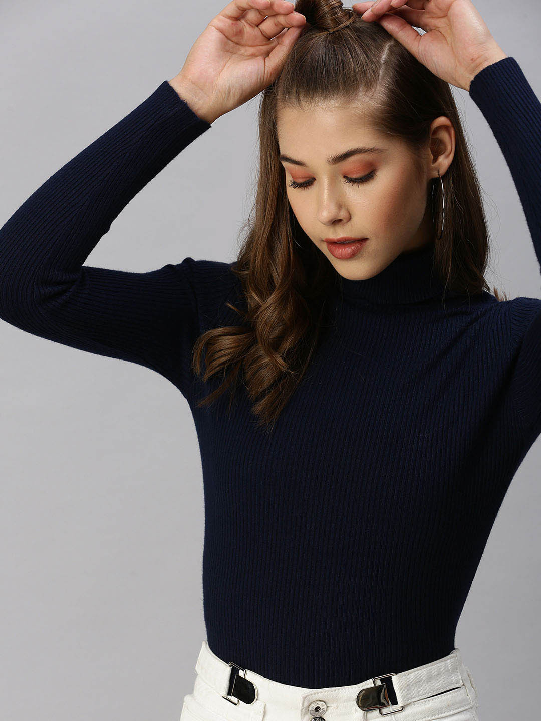Buy SHOWOFF Navy Blue Striped Ribbed Knitted Fitted Top - Tops for ...