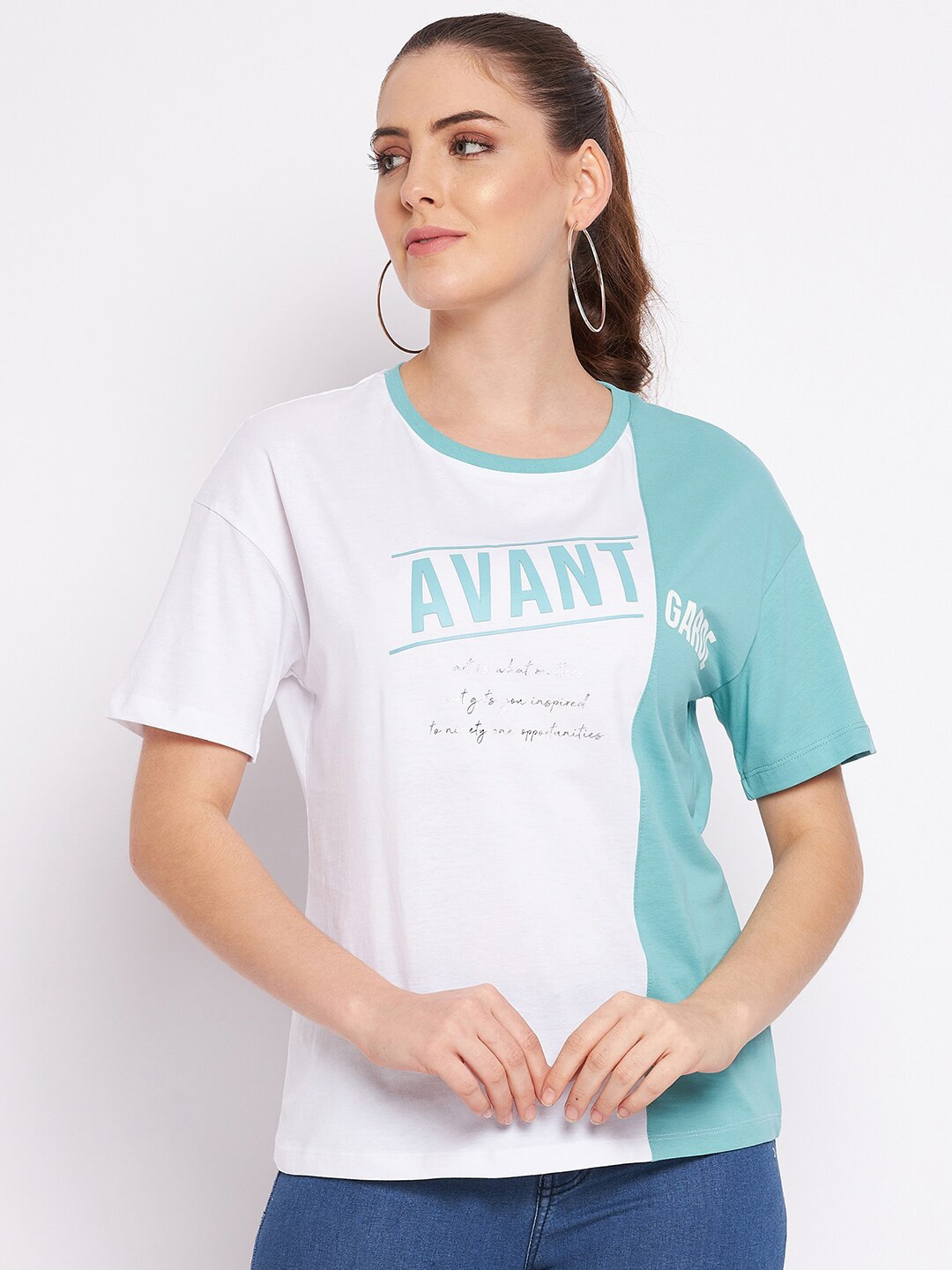 Buy Octave Women White Typography Printed Applique T Shirt - Tshirts ...