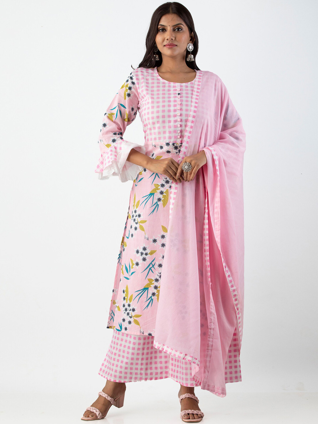 Buy KALINI Women Pink Floral Embroidered Pure Cotton Kurta With ...