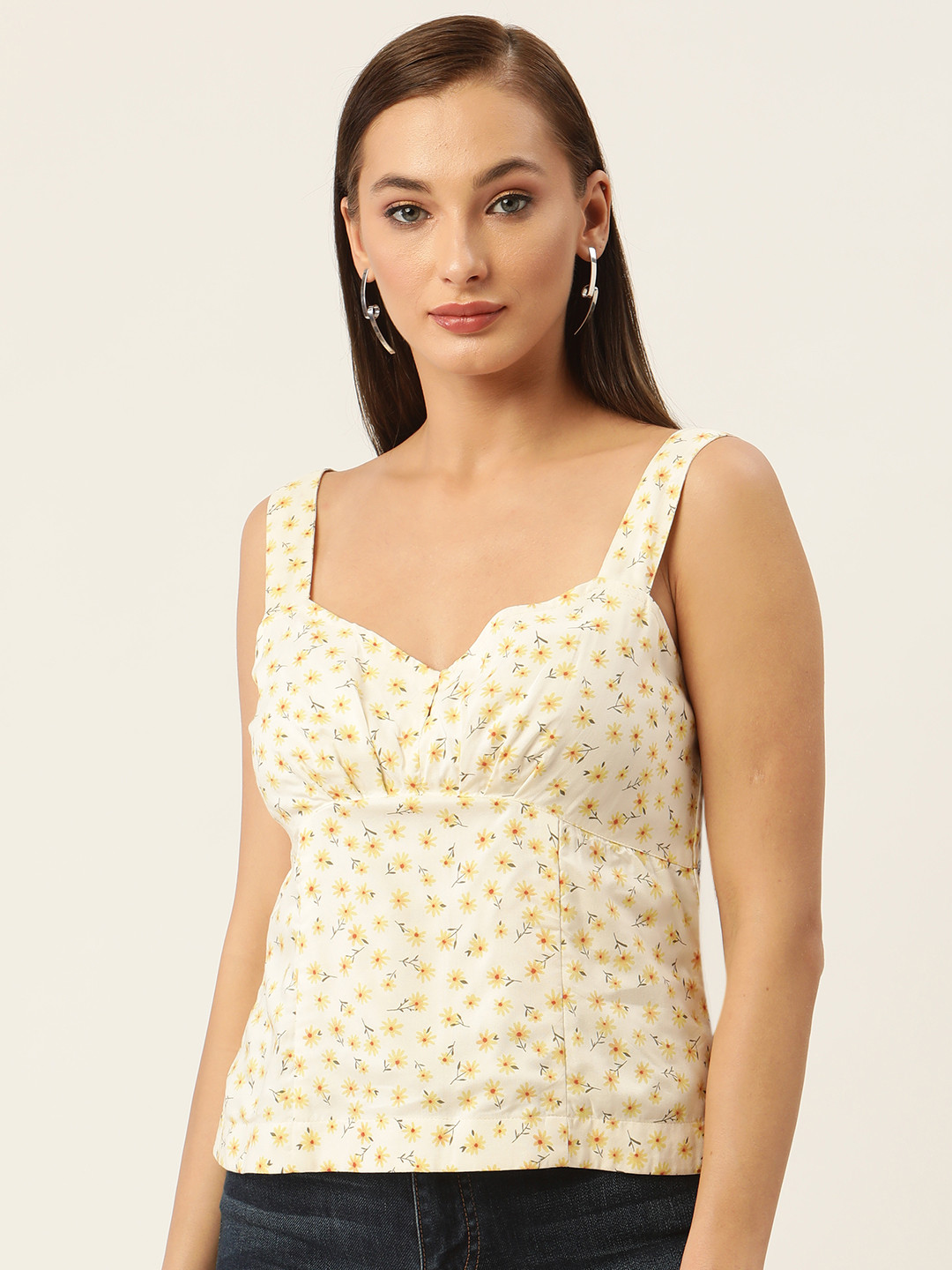 Buy Rue Collection Off White & Yellow Floral Print Empire Top - Tops ...