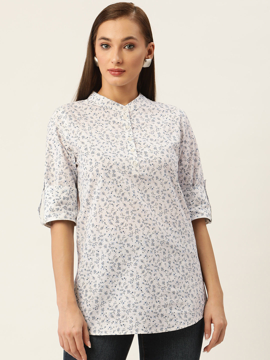 Buy Rue Collection Off White & Grey Floral Print Roll Up Sleeves Shirt ...