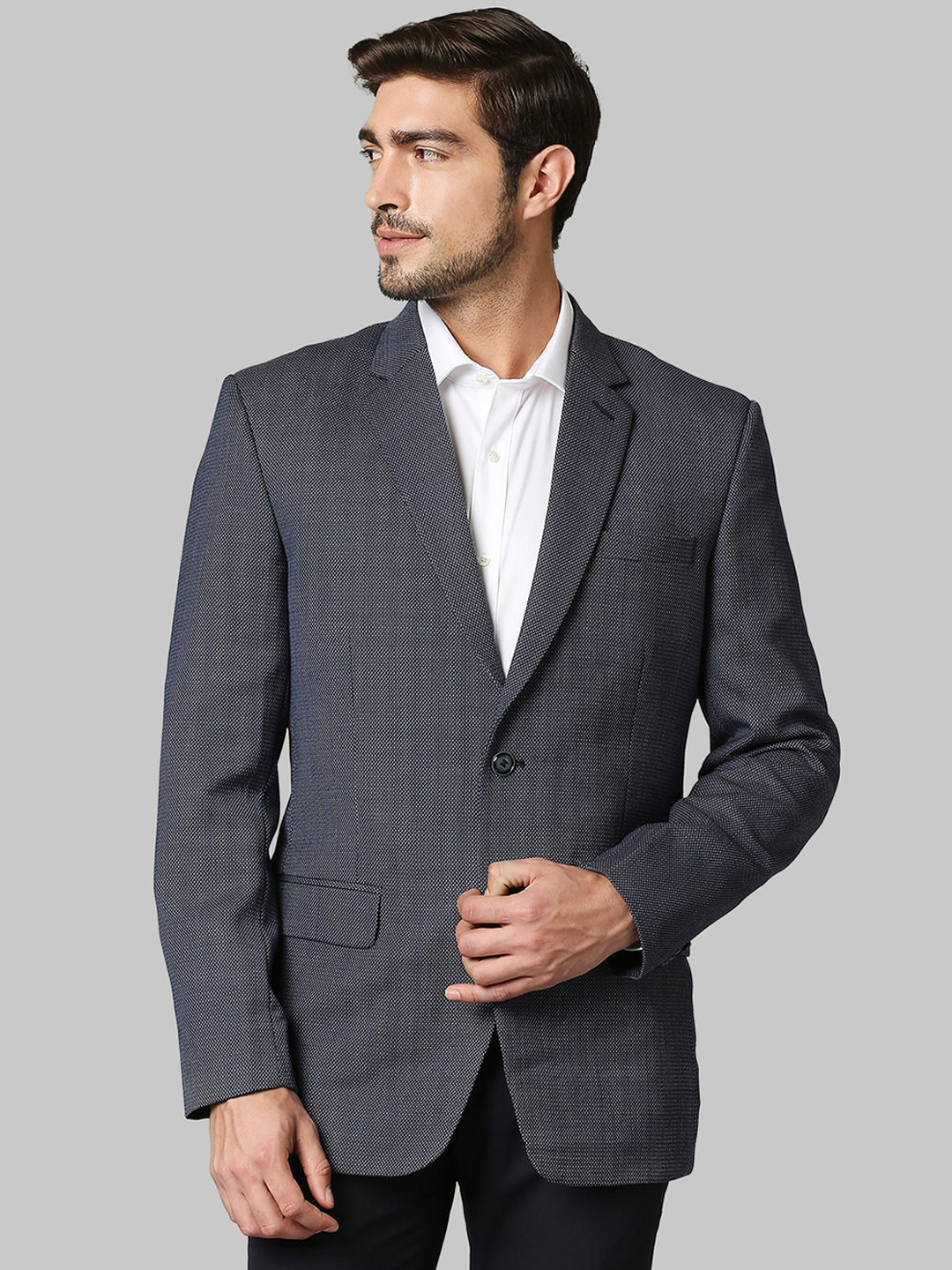 Buy Raymond Men Blue Textured Slim Fit Single Breasted Formal Blazer ...