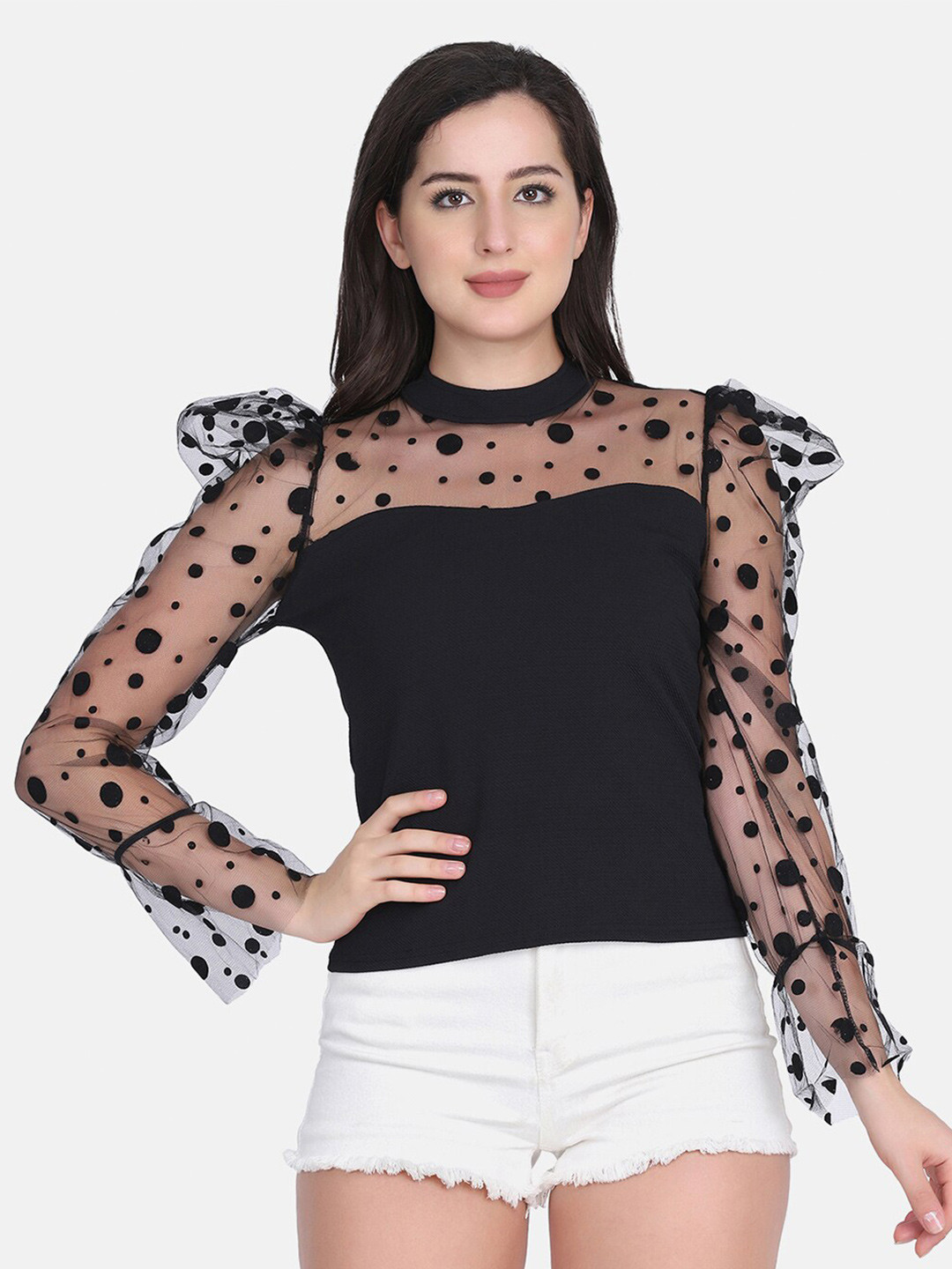 Buy BUY NEW TREND Black Net Puff Sleeves Knitted Top - Tops for Women ...