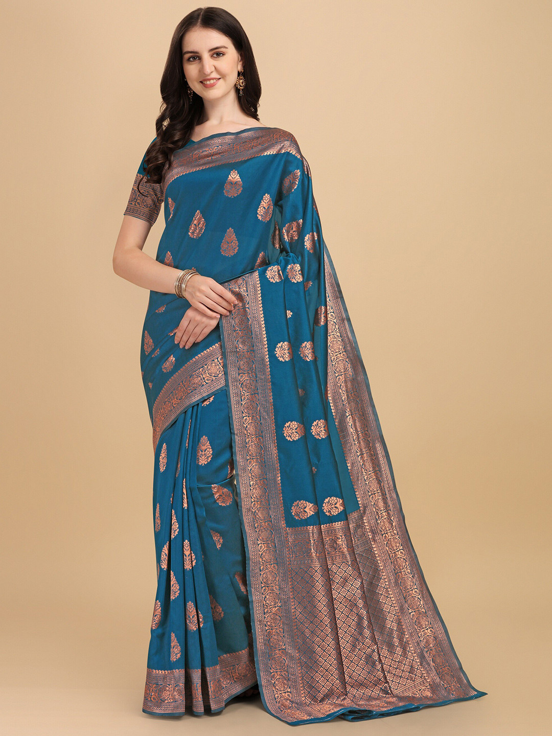 Buy Fashion Booms Copper Toned & Blue Ethnic Motifs Zari Pure Silk ...