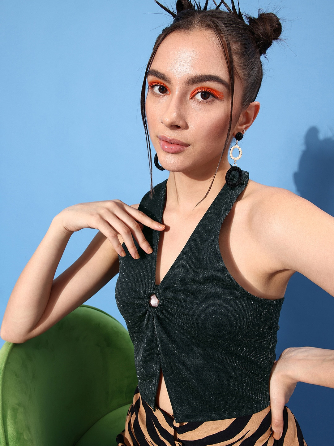 Buy Moda Rapido Stunning Black Sequinned Stripes Halter Neck Top - Tops ...